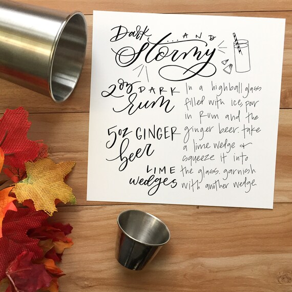 Dark & Stormy Calligraphy Cocktail Recipe Print | Etsy