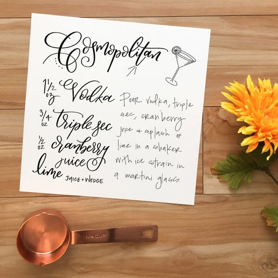 Cosmopolitan Calligraphy Cocktail Recipe Print | Etsy