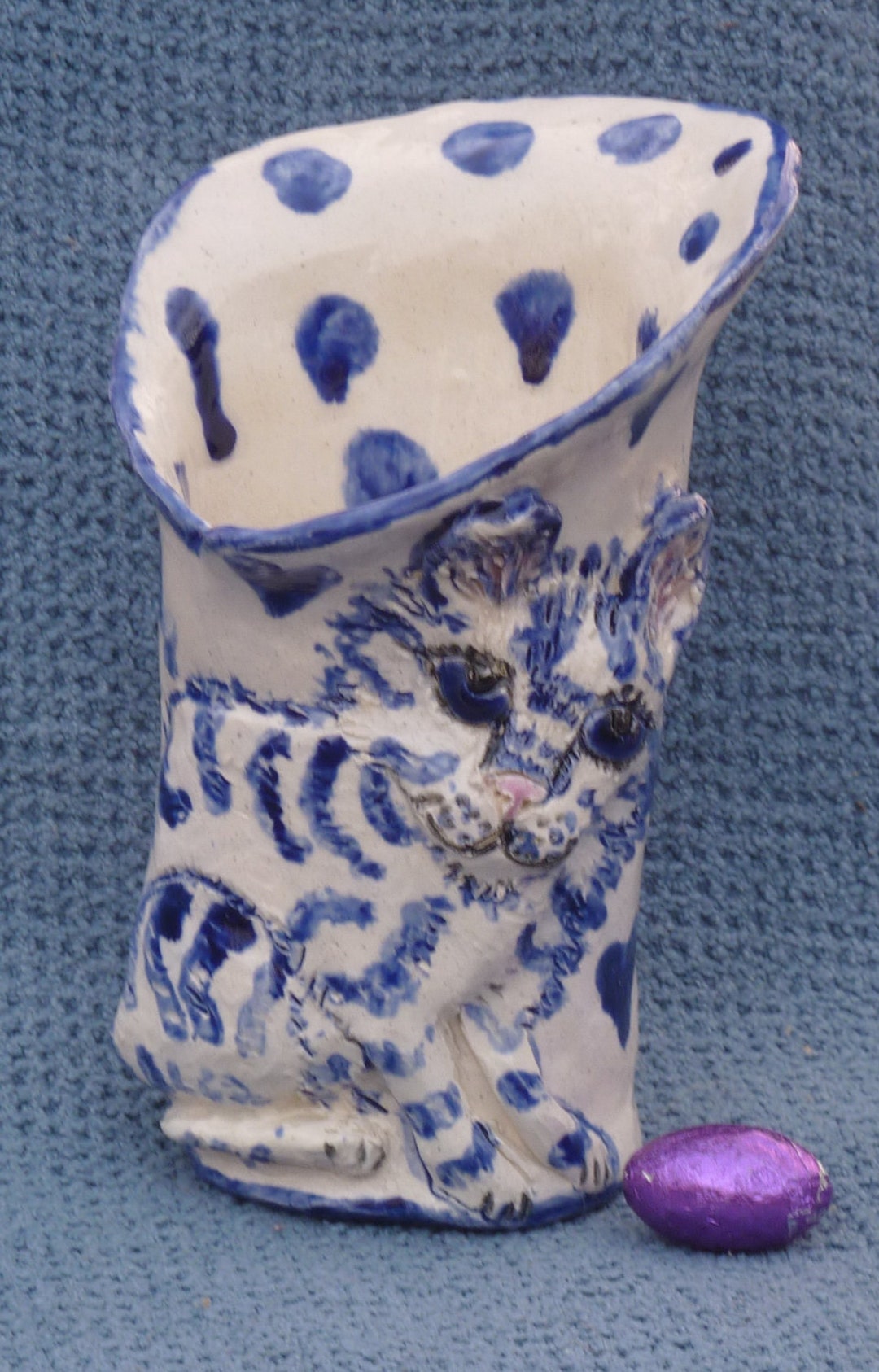Cat Vase With Hearts Cobalt Blue & White Sweet Vase Handmade in USA 10 ...