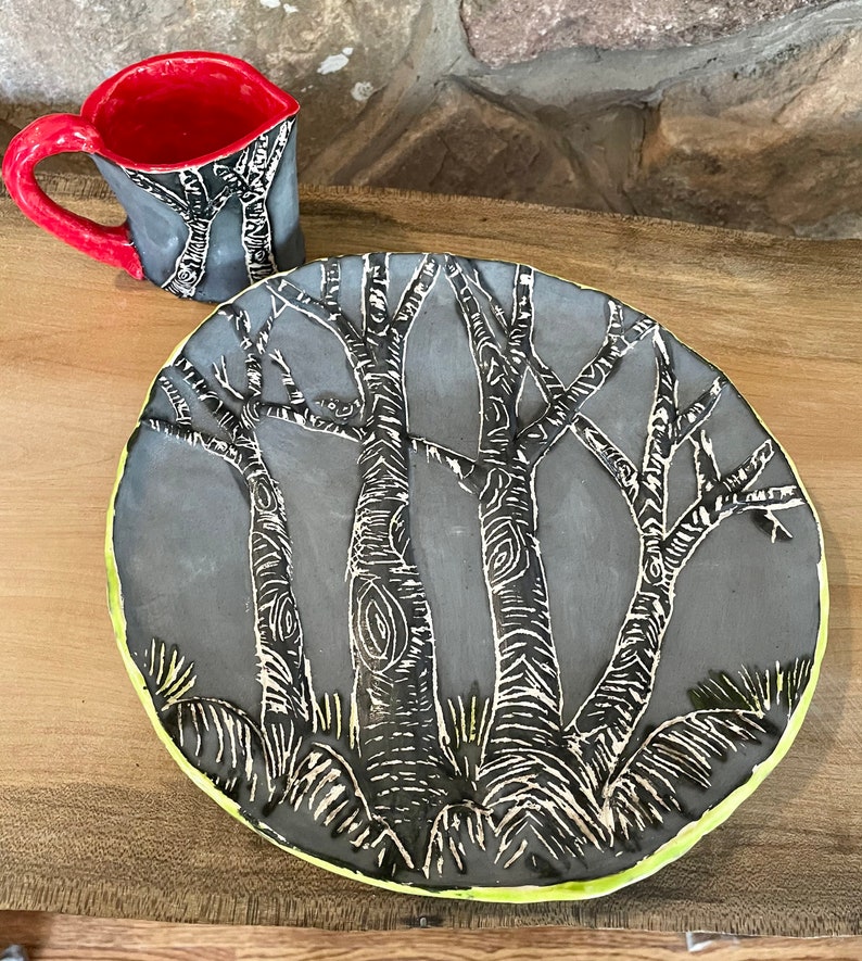 Sgraffito Birch Tree Plate Hand Made From a Lump of Clay. - Etsy