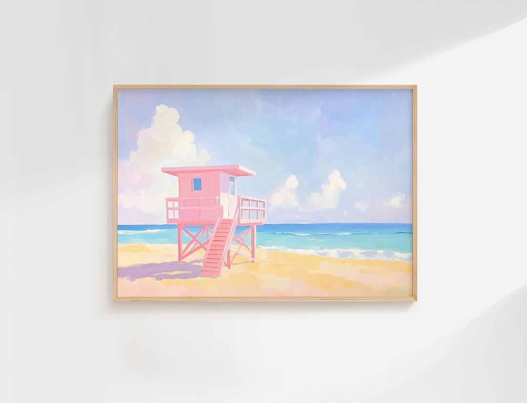 Pastel Beach Lifeguard Tower Painting - Colorful Coastal Wall Art ...