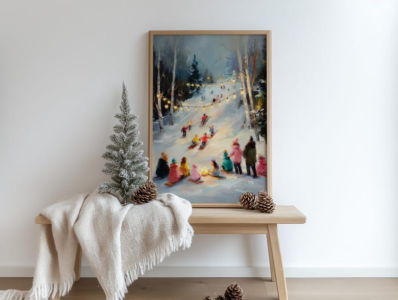 Winter Sledding Hill Wall Art, Nostalgic Christmas Print, Kids Sledding ...