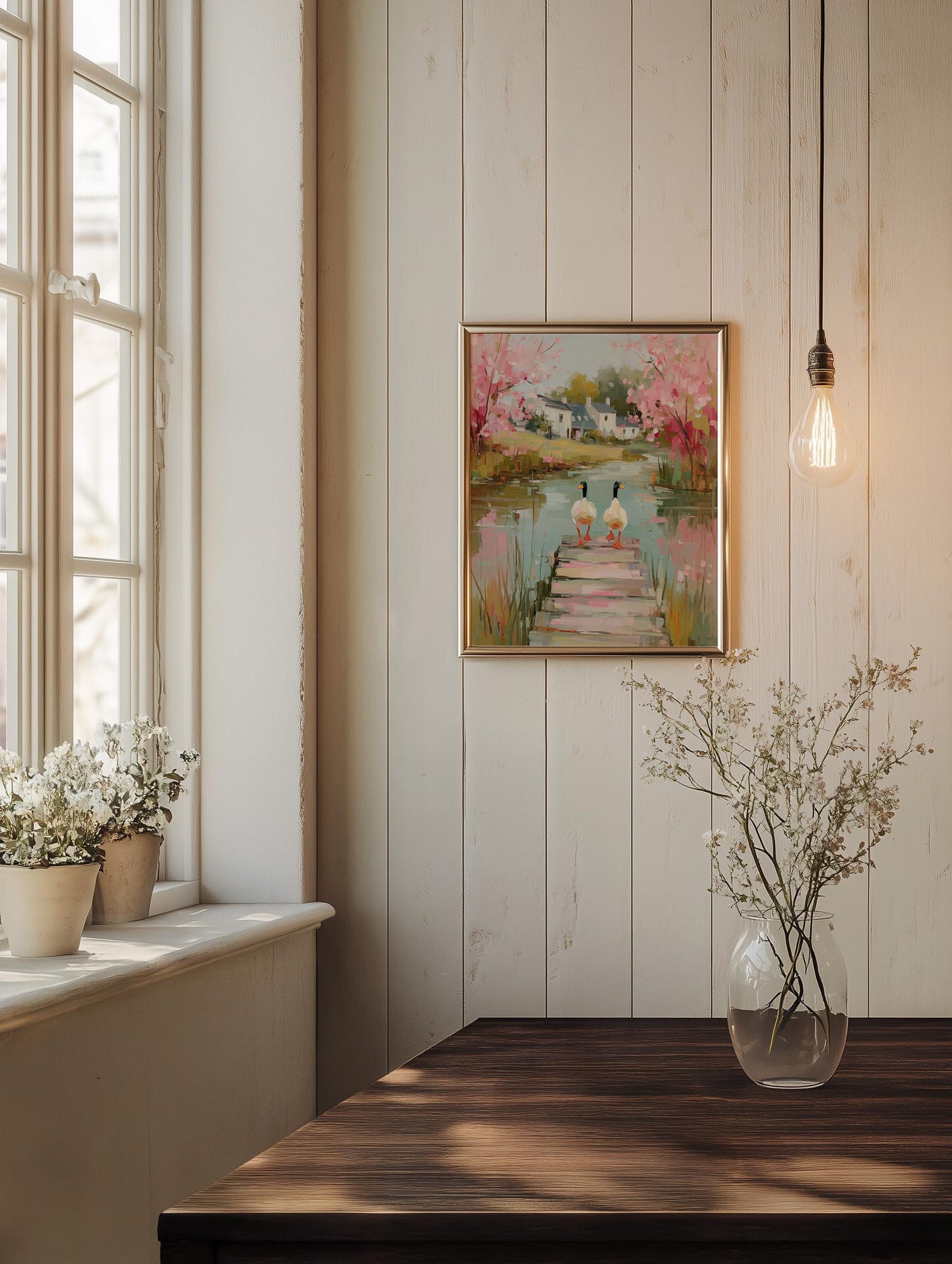 Spring Duck Pond Wall Art – Pastel Cottage Landscape Print, Cherry ...