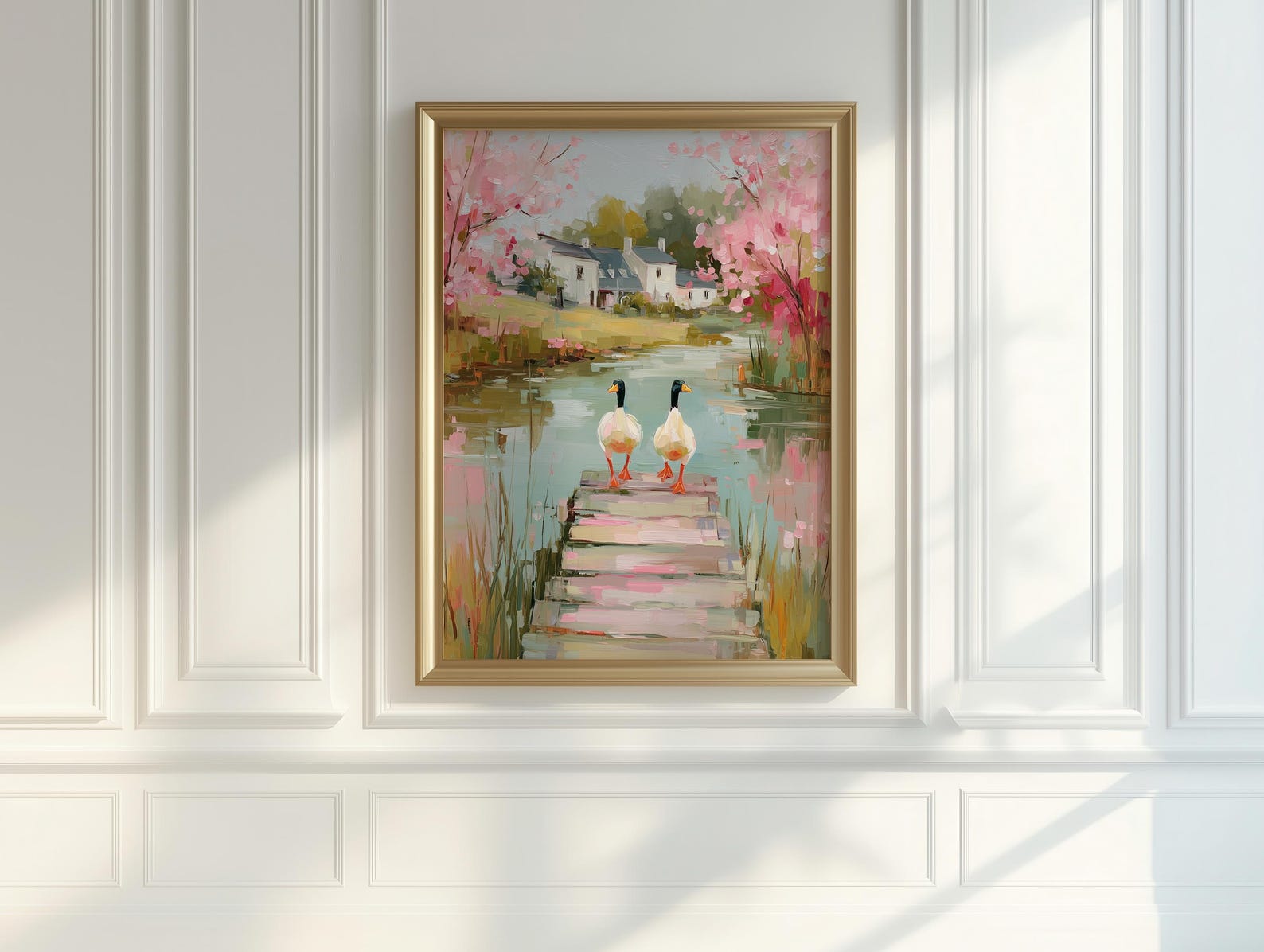 Spring Duck Pond Wall Art – Pastel Cottage Landscape Print, Cherry ...