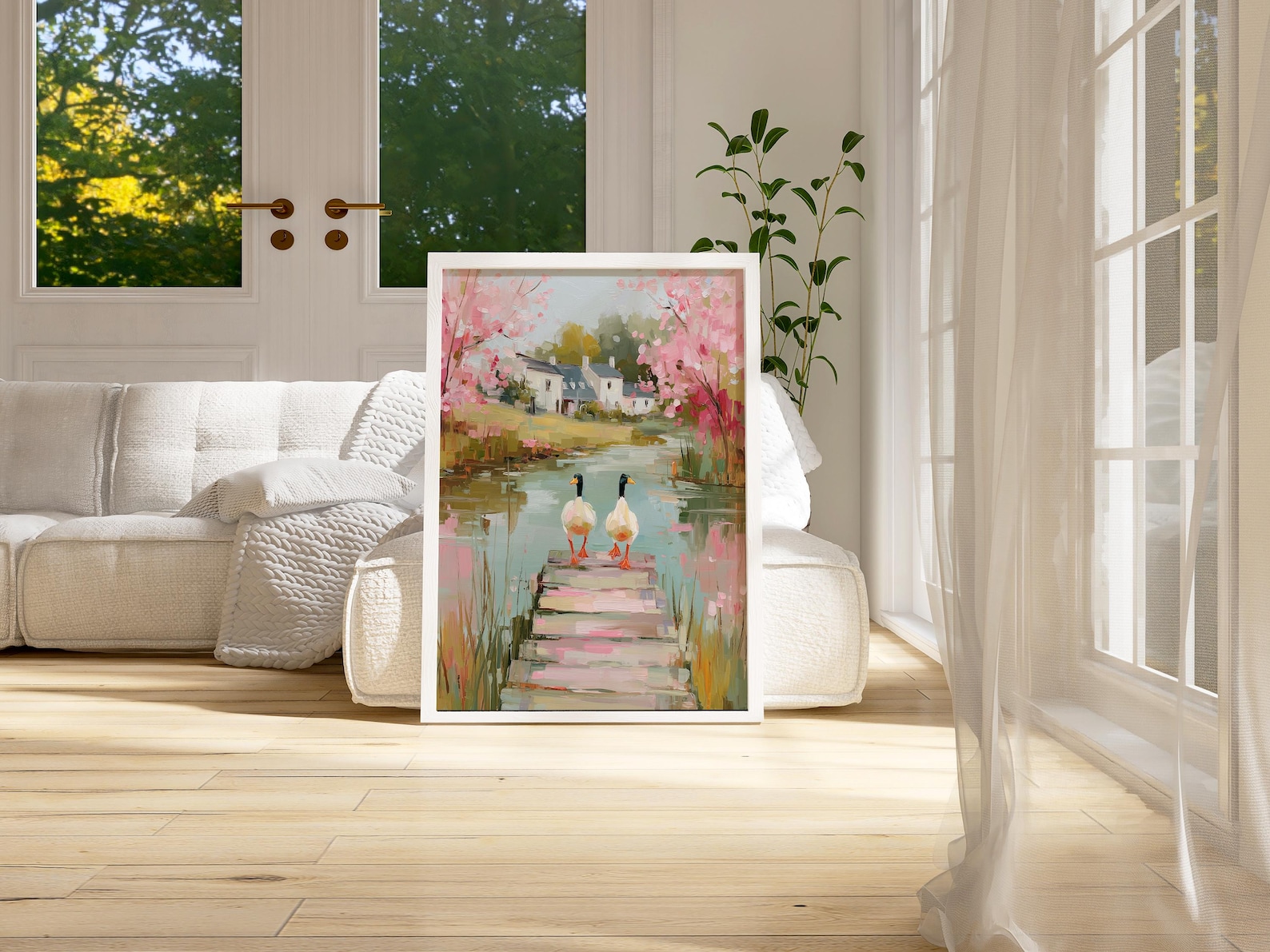 Spring Duck Pond Wall Art – Pastel Cottage Landscape Print, Cherry ...