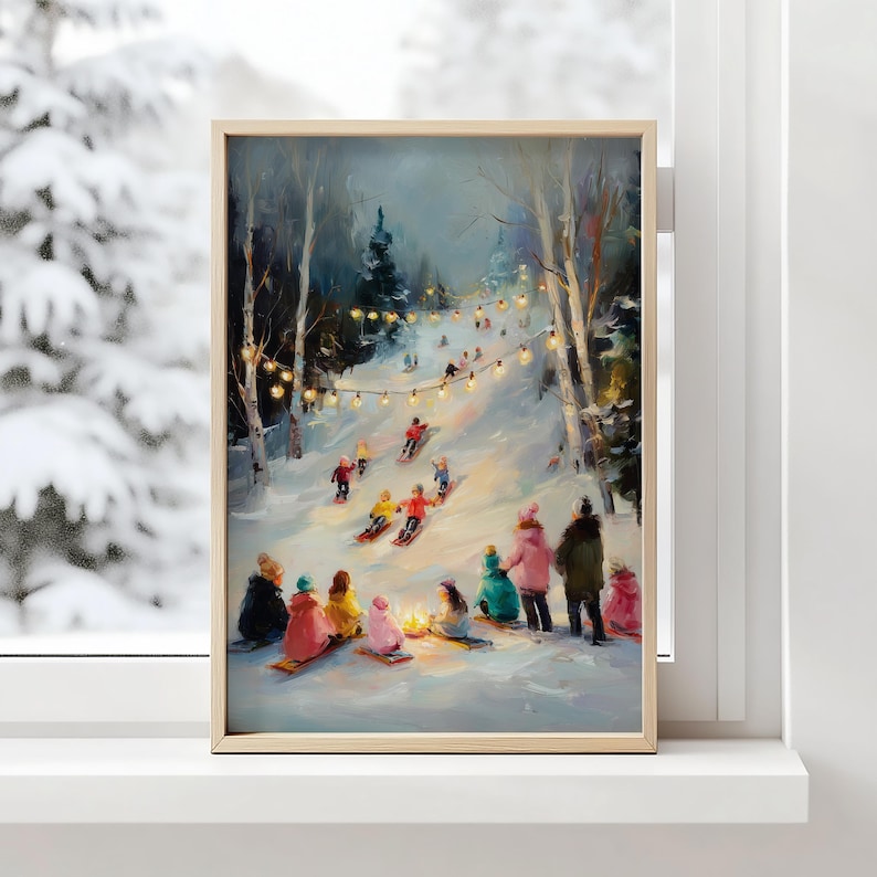 Winter Sledding Hill Wall Art, Nostalgic Christmas Print, Kids Sledding ...