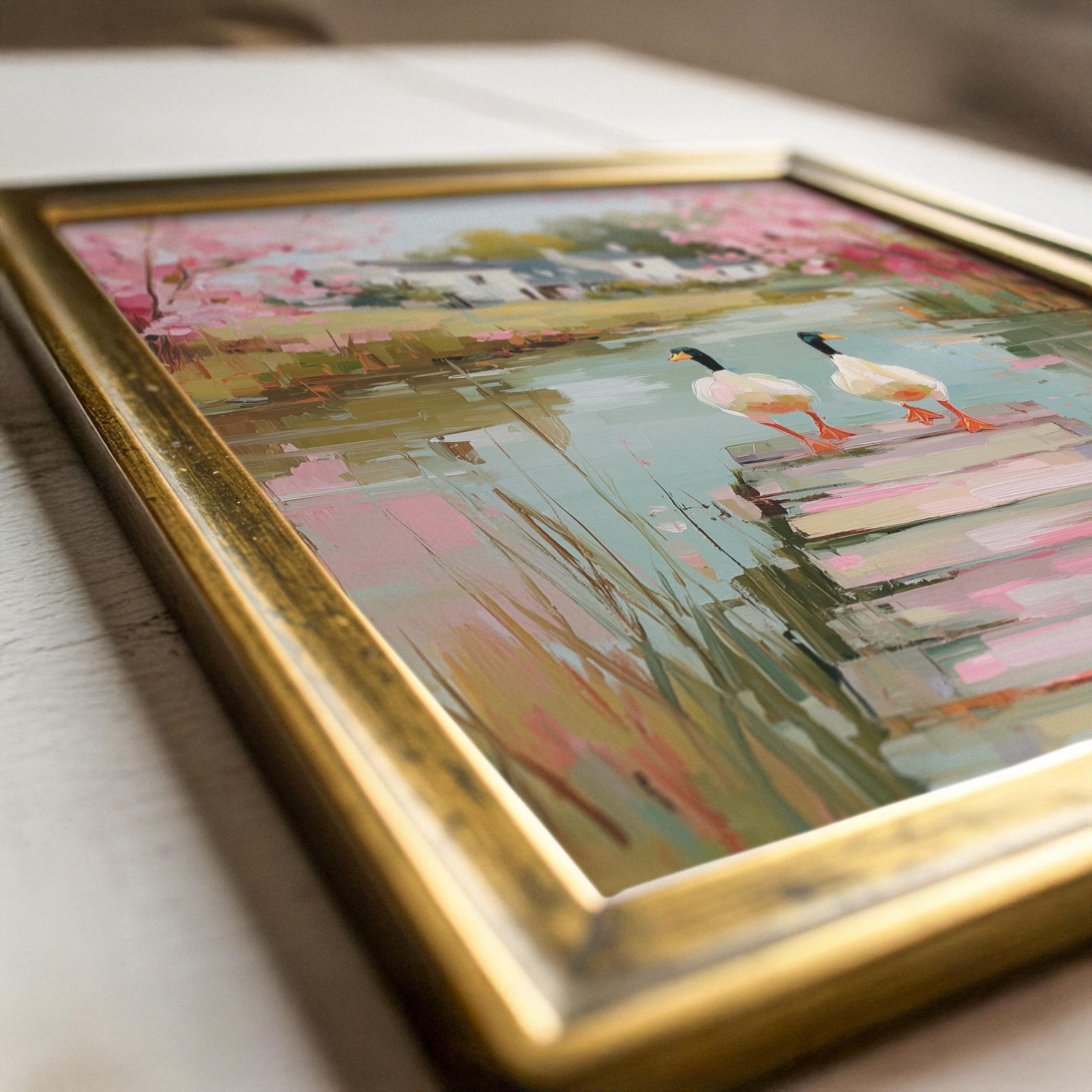 Spring Duck Pond Wall Art – Pastel Cottage Landscape Print, Cherry ...