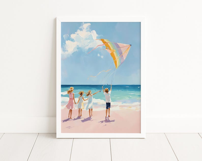 Colorful Pastel Coastal Scene - Children Flying Kites on Beach, Summer ...