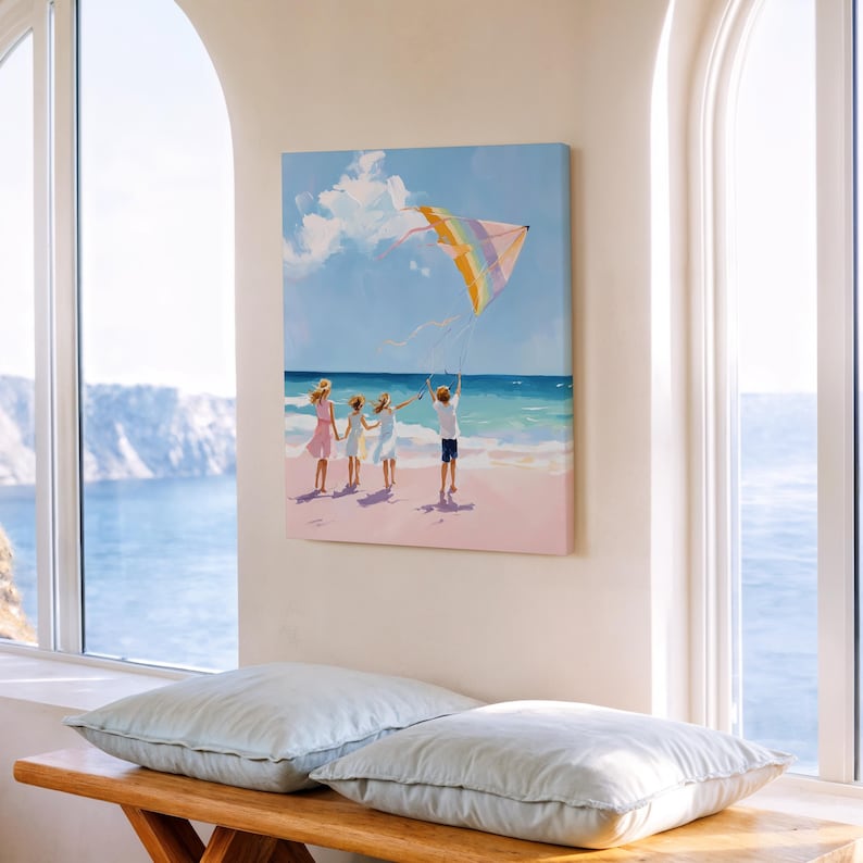 Colorful Pastel Coastal Scene - Children Flying Kites on Beach, Summer ...