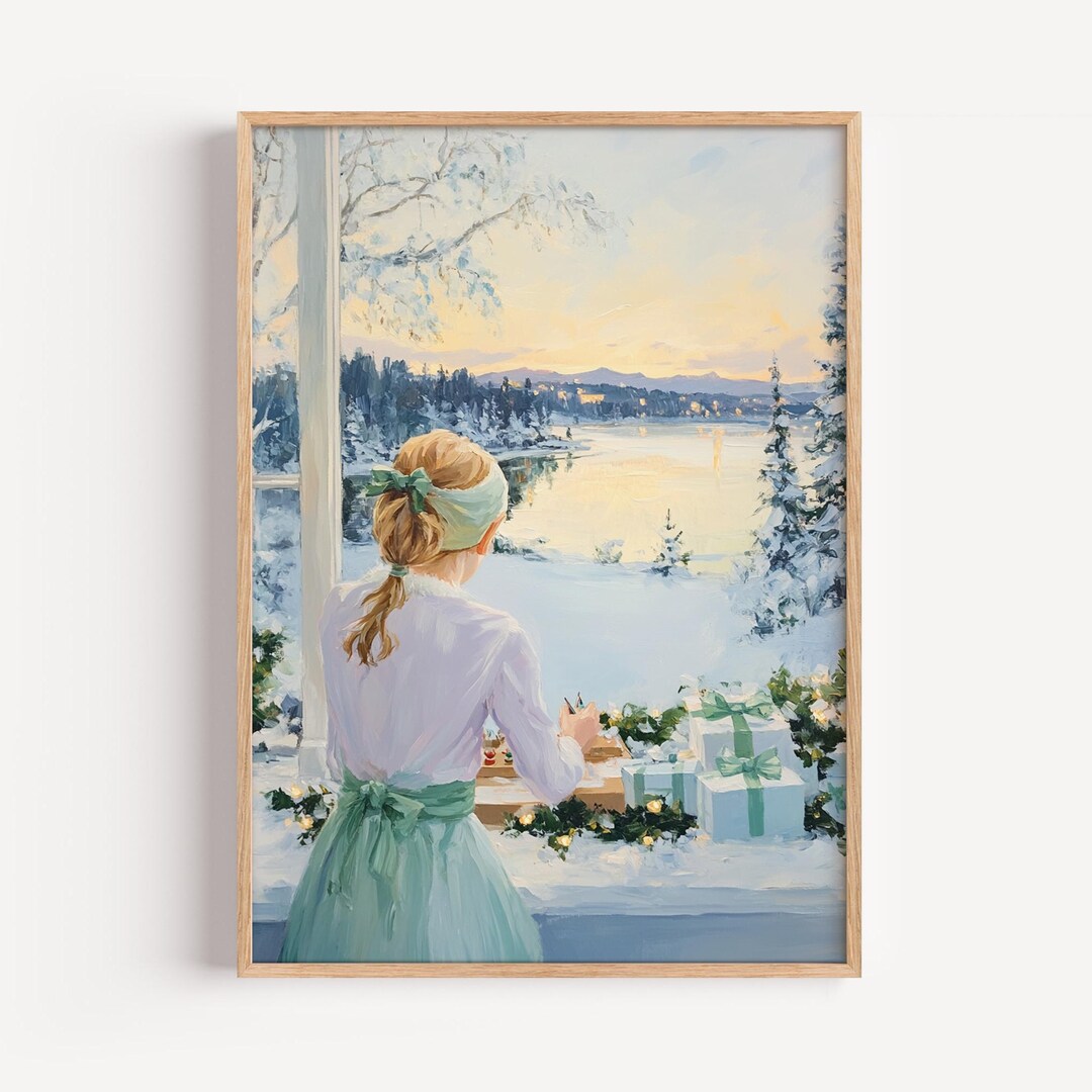 Winter Morning Wall Art, Girl at Window Christmas Print, Cozy Holiday ...