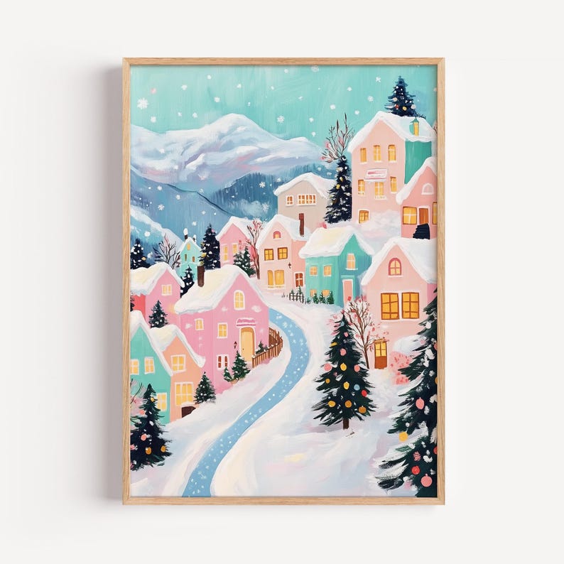 Vintage Pastel Christmas Village Wall Art, Winter Holiday Print, Snowy Mountain Town Painting ...