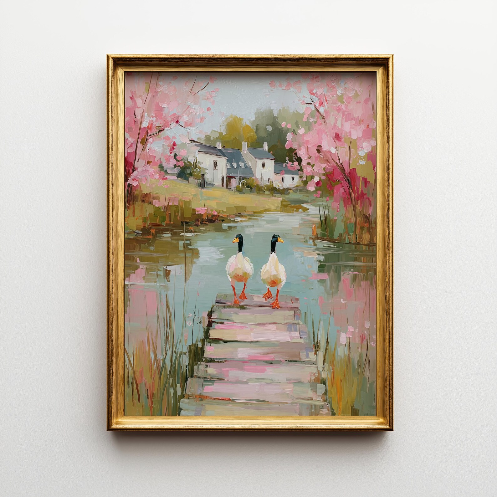 Spring Duck Pond Wall Art – Pastel Cottage Landscape Print, Cherry ...