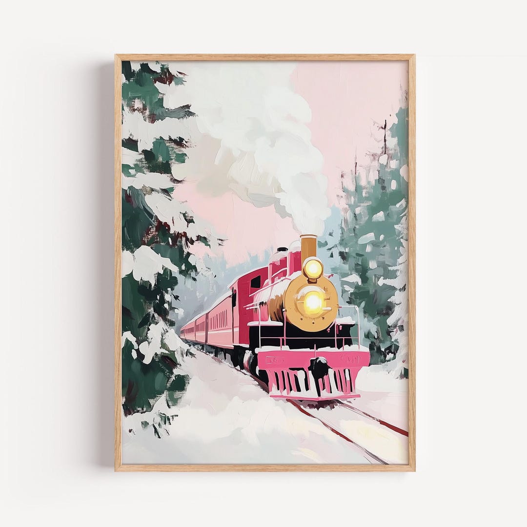 Red Christmas Train Wall Art, Winter Holiday Print, Snowy Forest ...