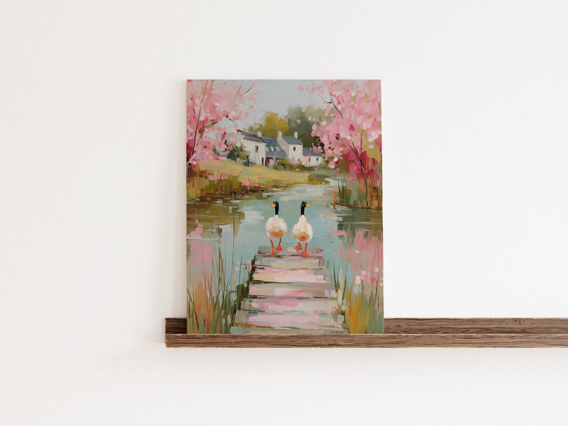 Spring Duck Pond Wall Art – Pastel Cottage Landscape Print, Cherry ...