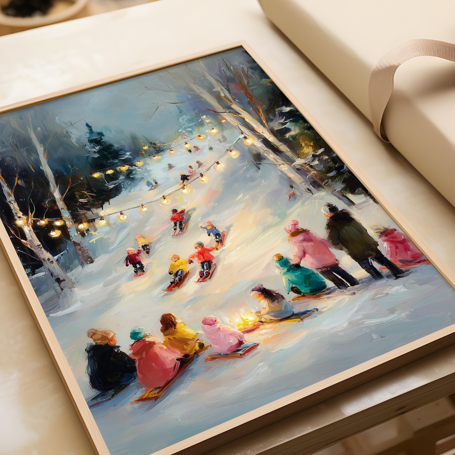 Winter Sledding Hill Wall Art, Nostalgic Christmas Print, Kids Sledding ...