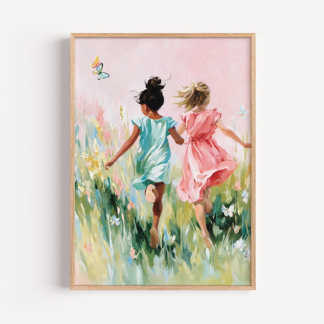 Pastel Spring Wall Art Girls Running in Meadow, Coquette Nursery Decor ...