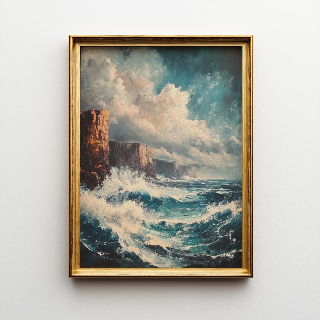 Stormy Coastal Cliffs Printable Art - Dramatic Ocean Waves, Moody Sky ...