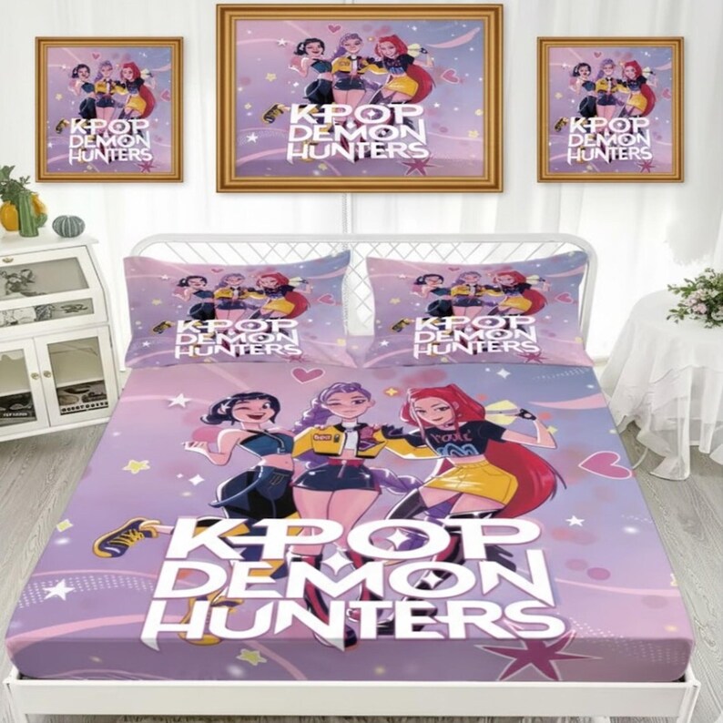 K-pop Demon Hunters Bed Sheet Set 3pcs, Anime Printed Fitted Sheet ...
