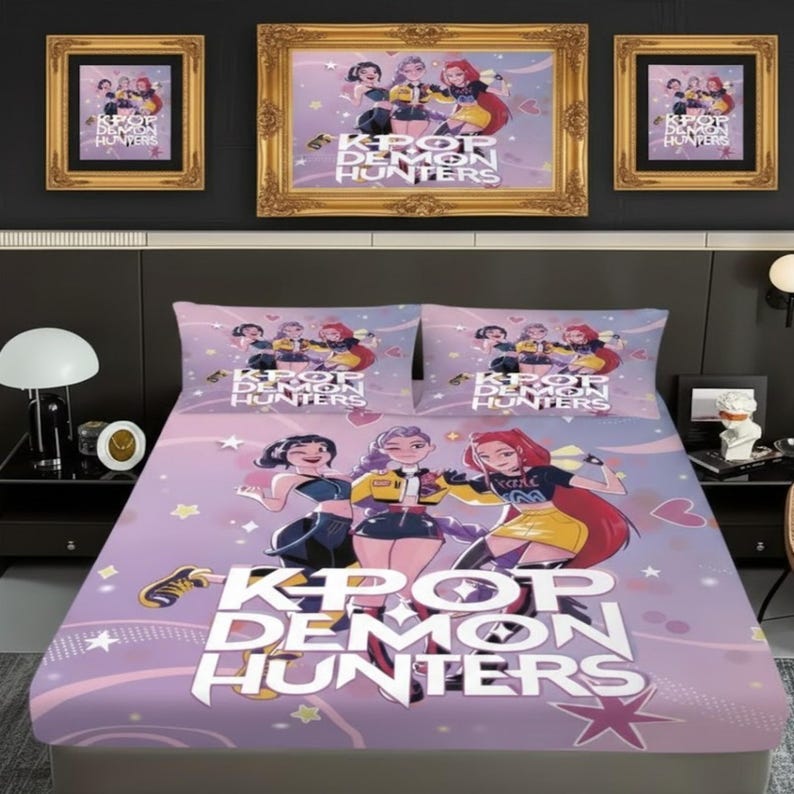 K-pop Demon Hunters Bed Sheet Set 3pcs, Anime Printed Fitted Sheet ...
