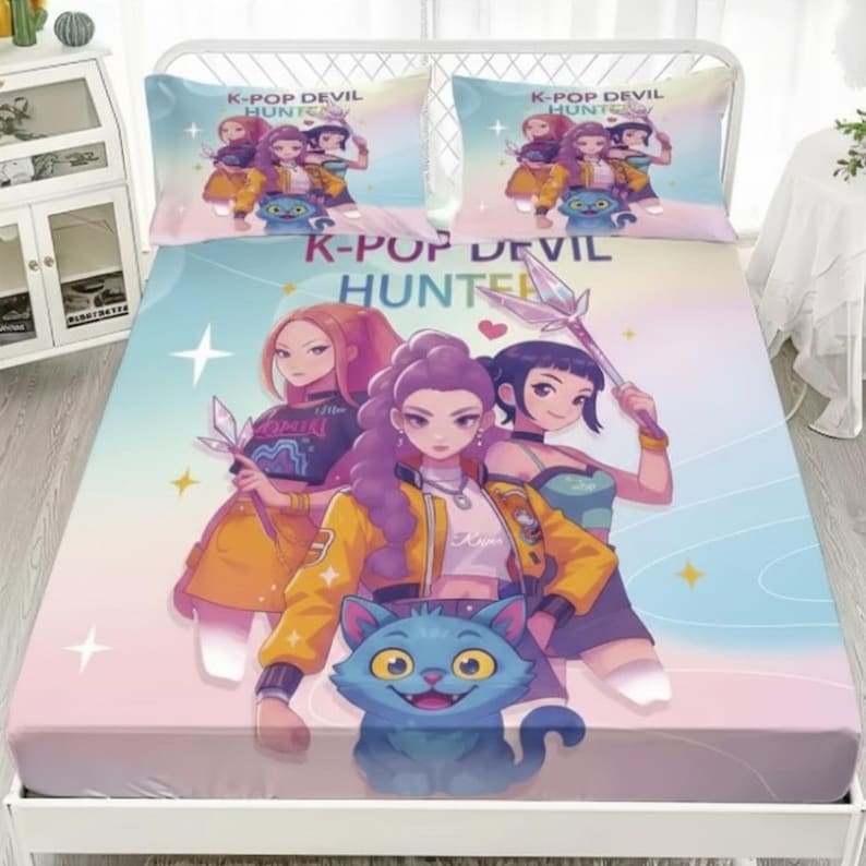 Anime K-pop Demon Hunters Bedding Set 3pcs, Printed Fitted Bed Sheet ...