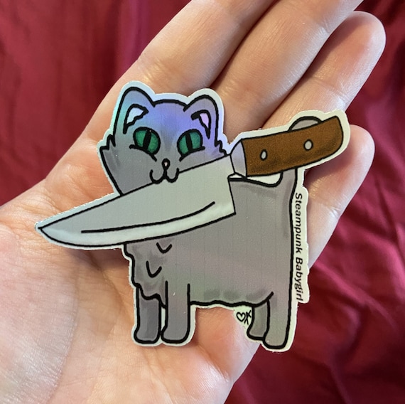 Stabby Cat / Cat With a Knife / Big Knife / Cute Gray Cat Holo - Etsy