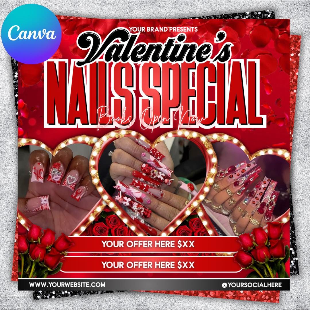 Valentine’s Day Nails Flyer Template | Canva Nail Tech Booking Flyer ...