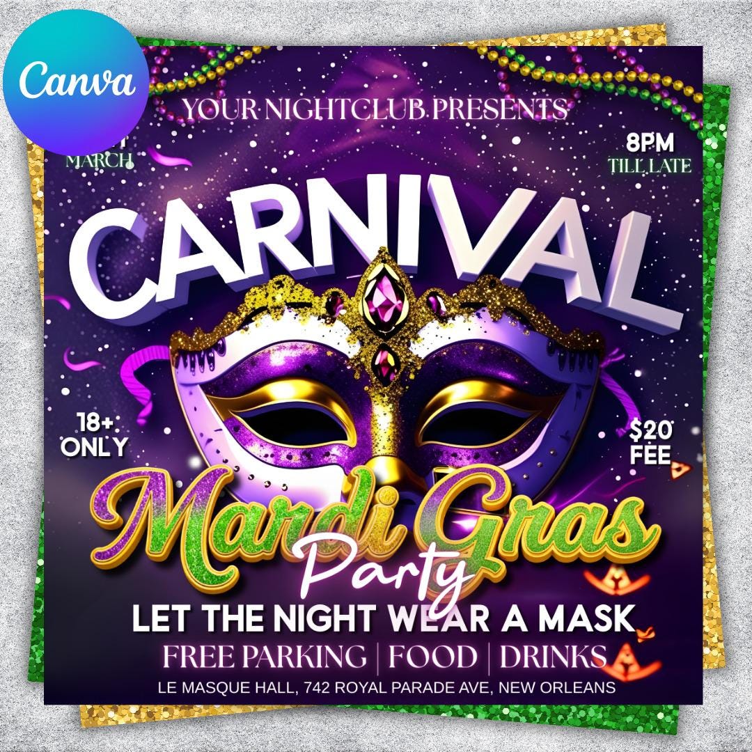 Mardi Gras Party Flyer,mardi Gras Club Invitation Flyer,editable ...