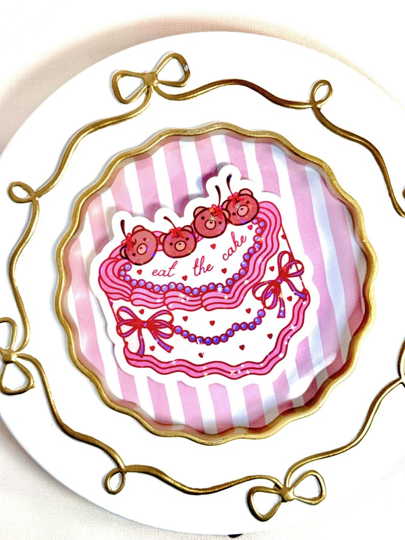 Coquette Cake Sticker – Kawaii Animal Dessert Vinyl Sticker, Bear Bunny ...