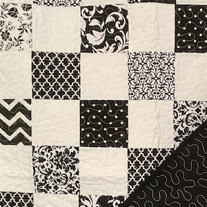 Black and White Patchwork Quilt Various Prints, Adult, Baby, Toddler Throw Blanket, Contemporary ...