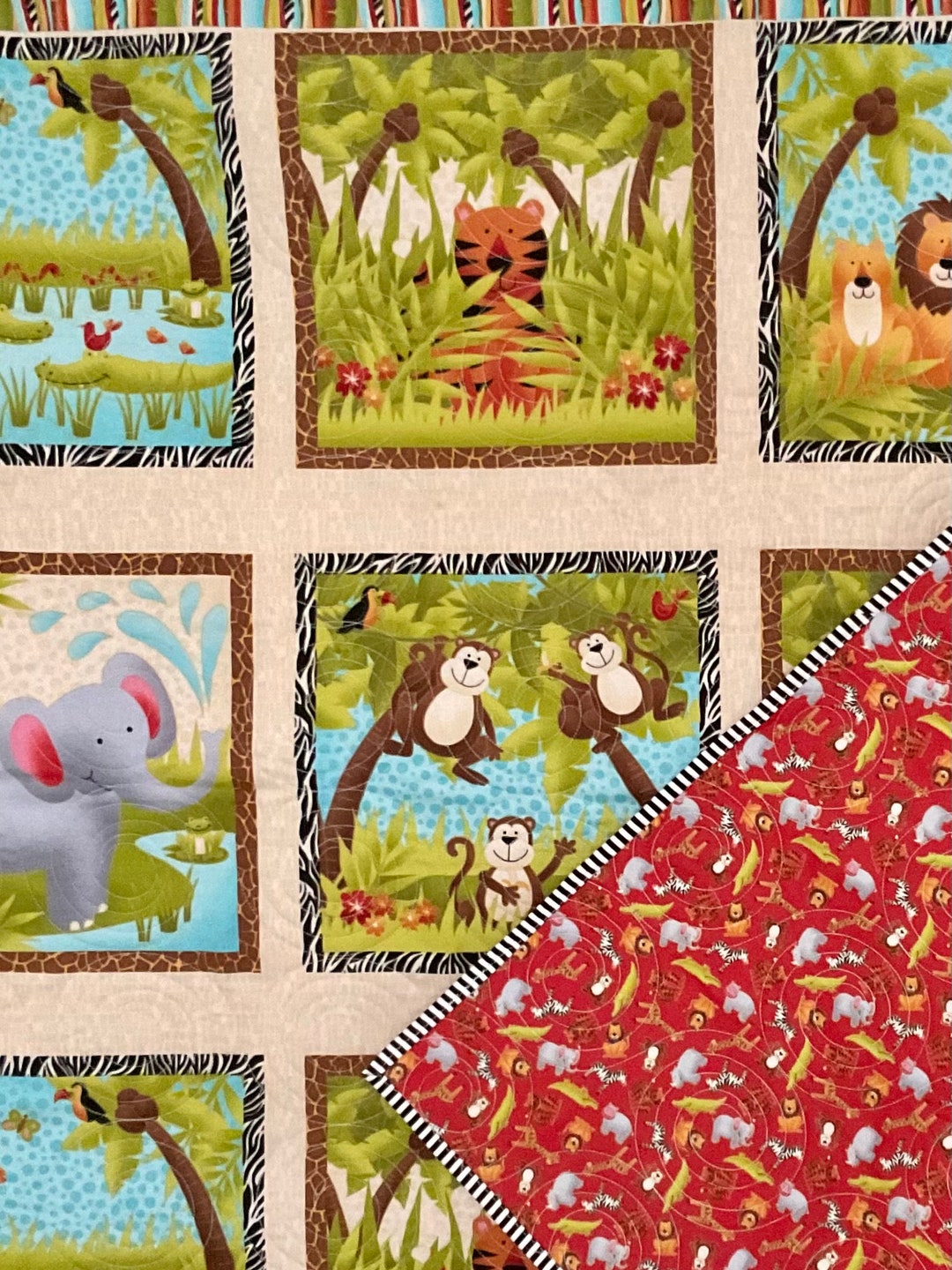 Jungle Safari Panel Quilt Monkeys, Lions, Giraffes OH MY. Nursery Decor ...
