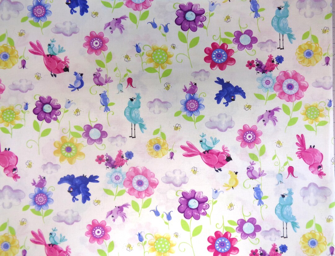 SUSYBEE Bird's Buddies 100% Cotton Fabric- Colorful Flowers-adorable ...