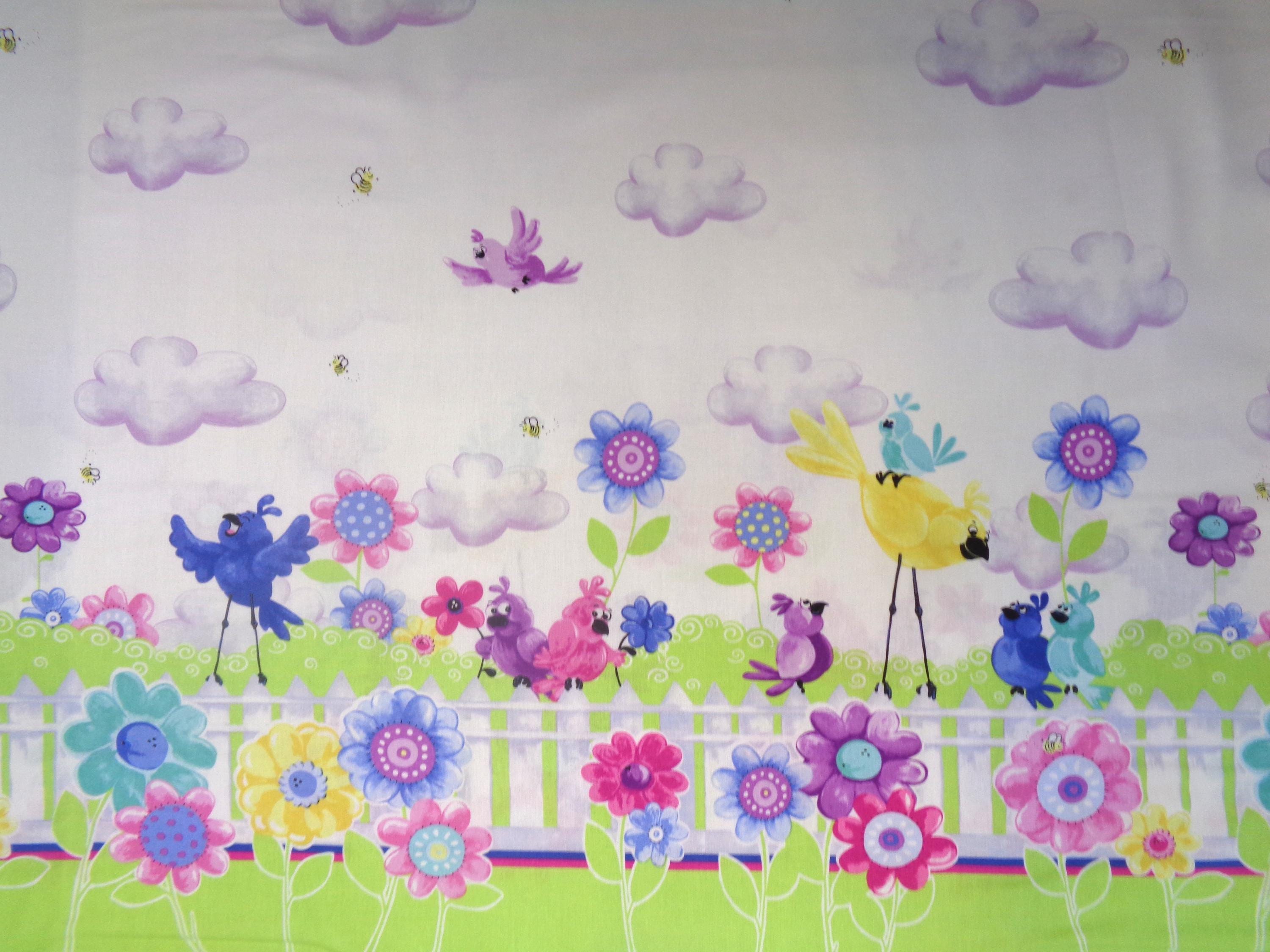 SUSYBEE Birds Buddies 100% Cotton Fabric Border Fabric-birds-flowers ...