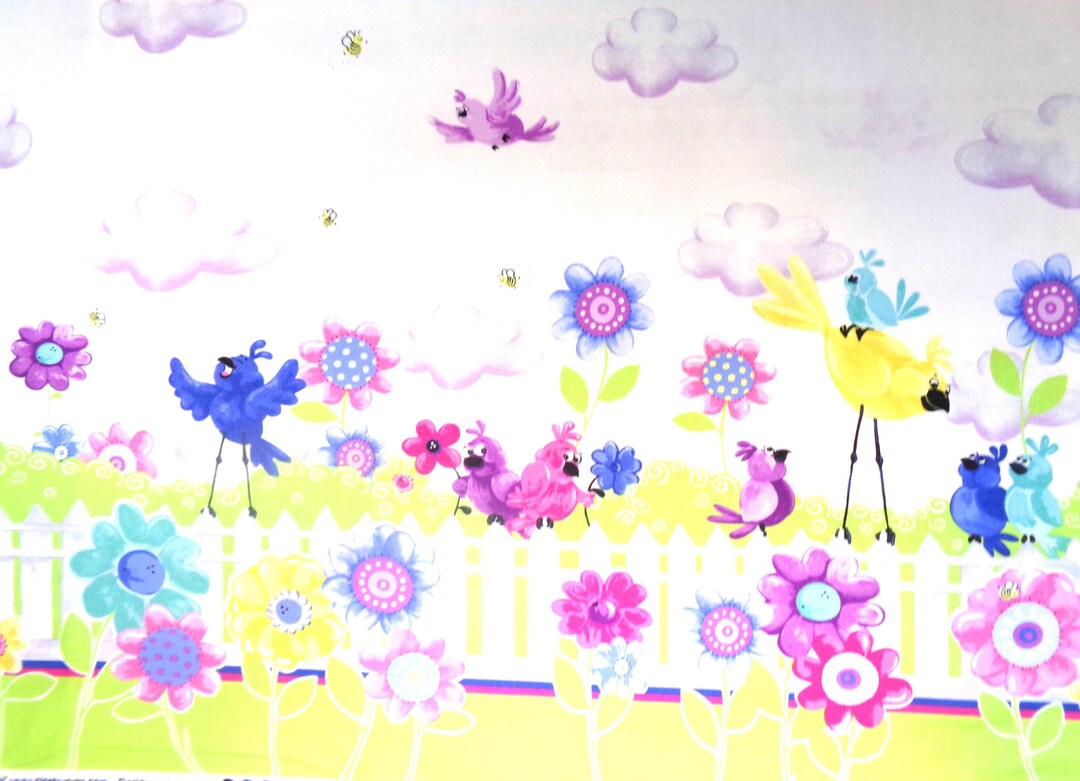 SUSYBEE Birds Buddies 100% Cotton Fabric Border Fabric-birds-flowers ...