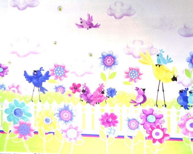 SUSYBEE Birds Buddies 100% Cotton Fabric Border Fabric-birds-flowers ...