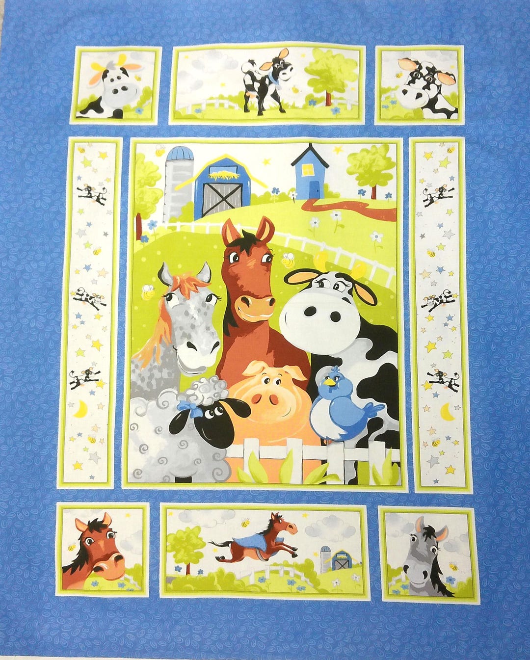 SUSYBEE Barnyard Blues 100% Cotton Fabric PANEL- Cows, Pigs, House ...