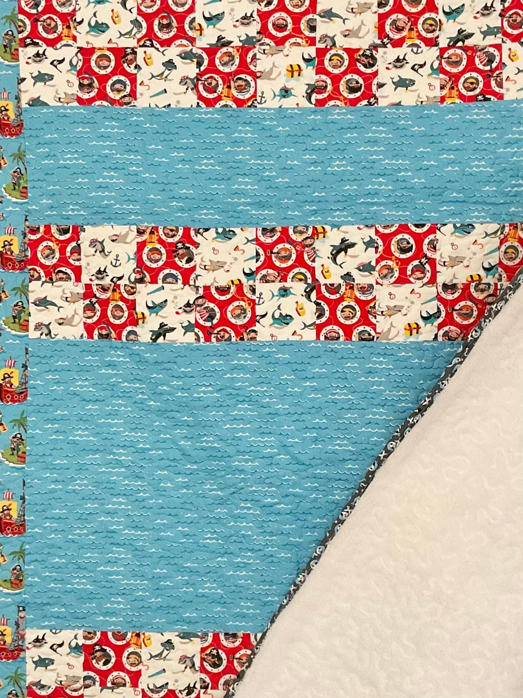 Minky Pirate and Sharks Quilt Lap, Ship, Treasure, Toddler Throw ...