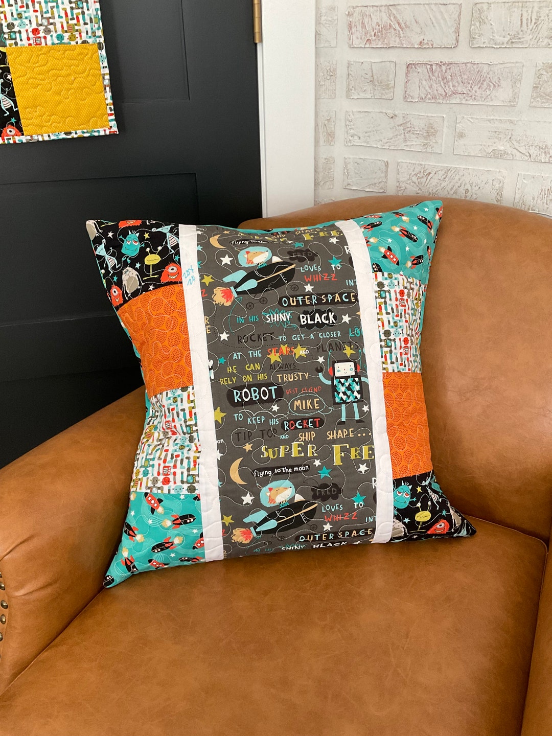 Robot Quilted Pillow Cover, Patchwork Pillow Cover, Quilted Gift, Robot ...