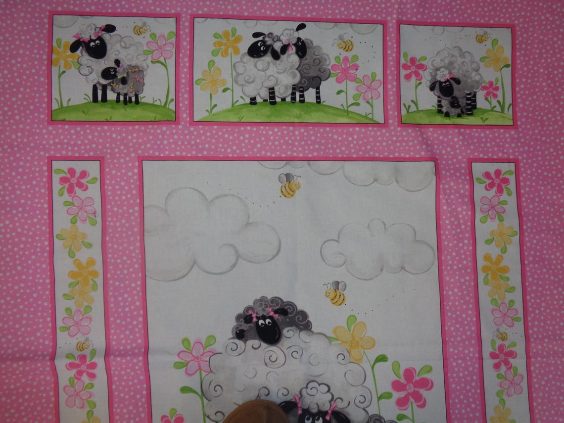 SUSYBEE Lal the Lamb 100% Cotton Fabric PANEL- Flowers and Adorable ...