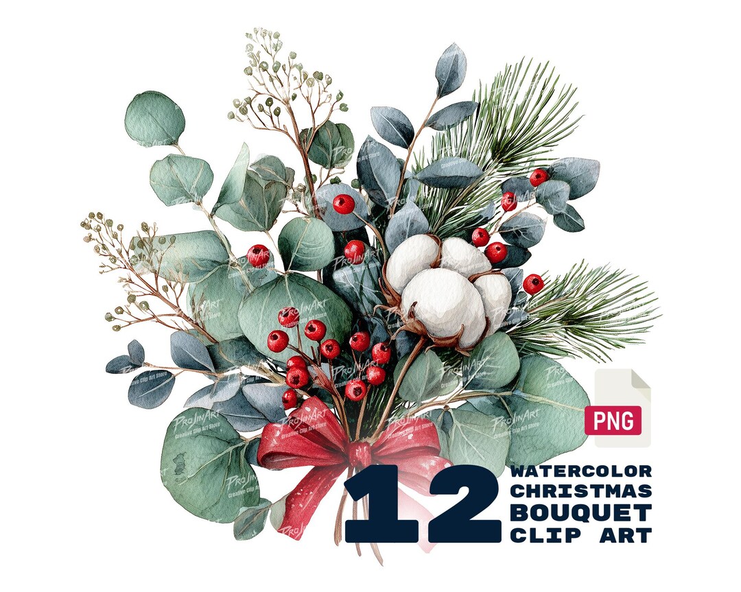 Watercolor Christmas Bouquet Clipart Set, 12 Pngs, Eucalyptus & Red ...