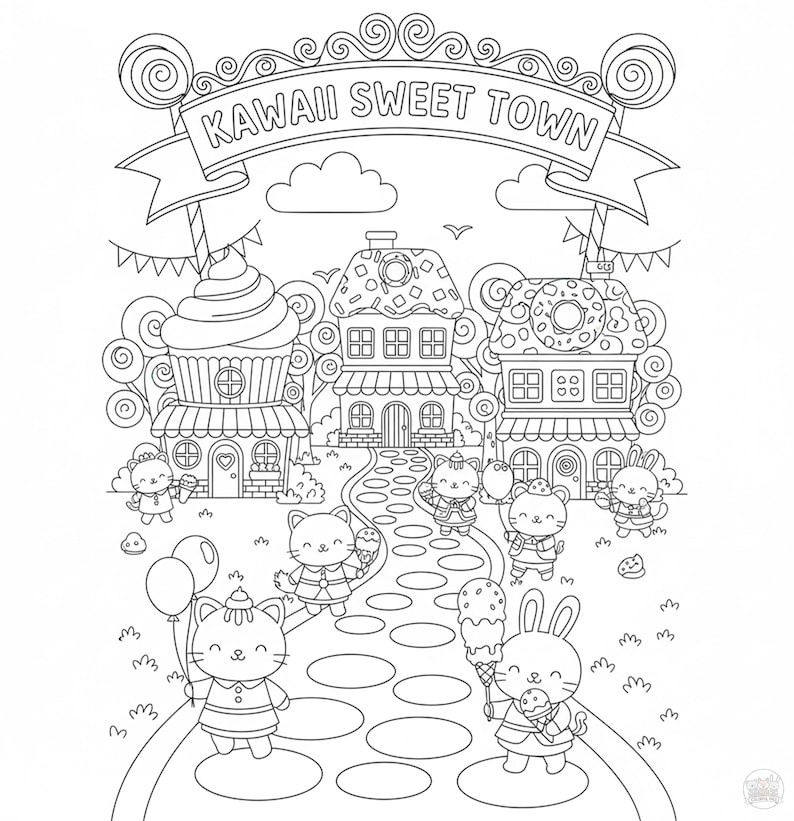 Kawaii Sweet Town Coloring Book: Dessert Village Line Art (25 Page ...