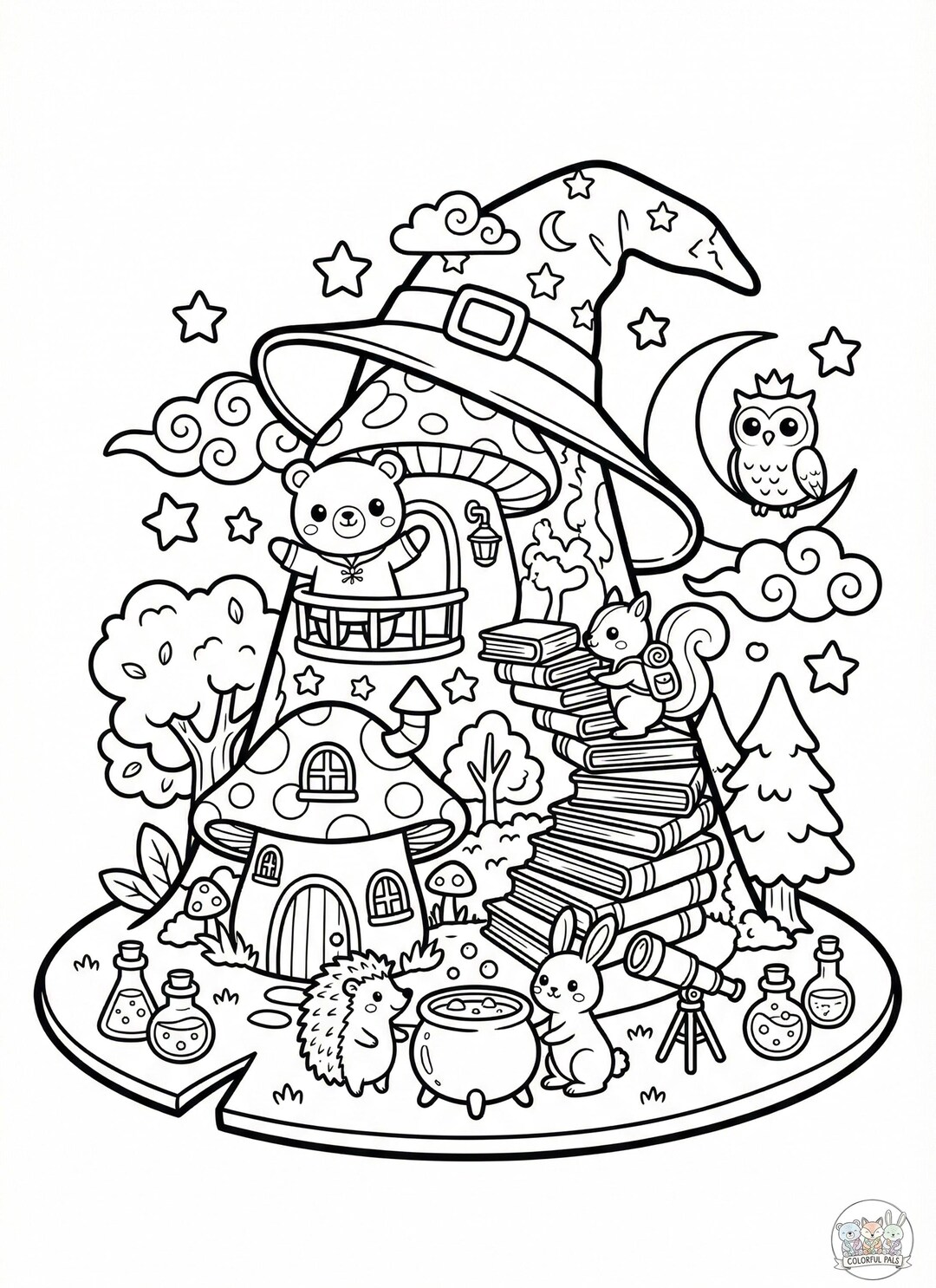 Cute Magical Worlds Coloring Book - Kawaii Fantasy Animals & Tiny Homes ...