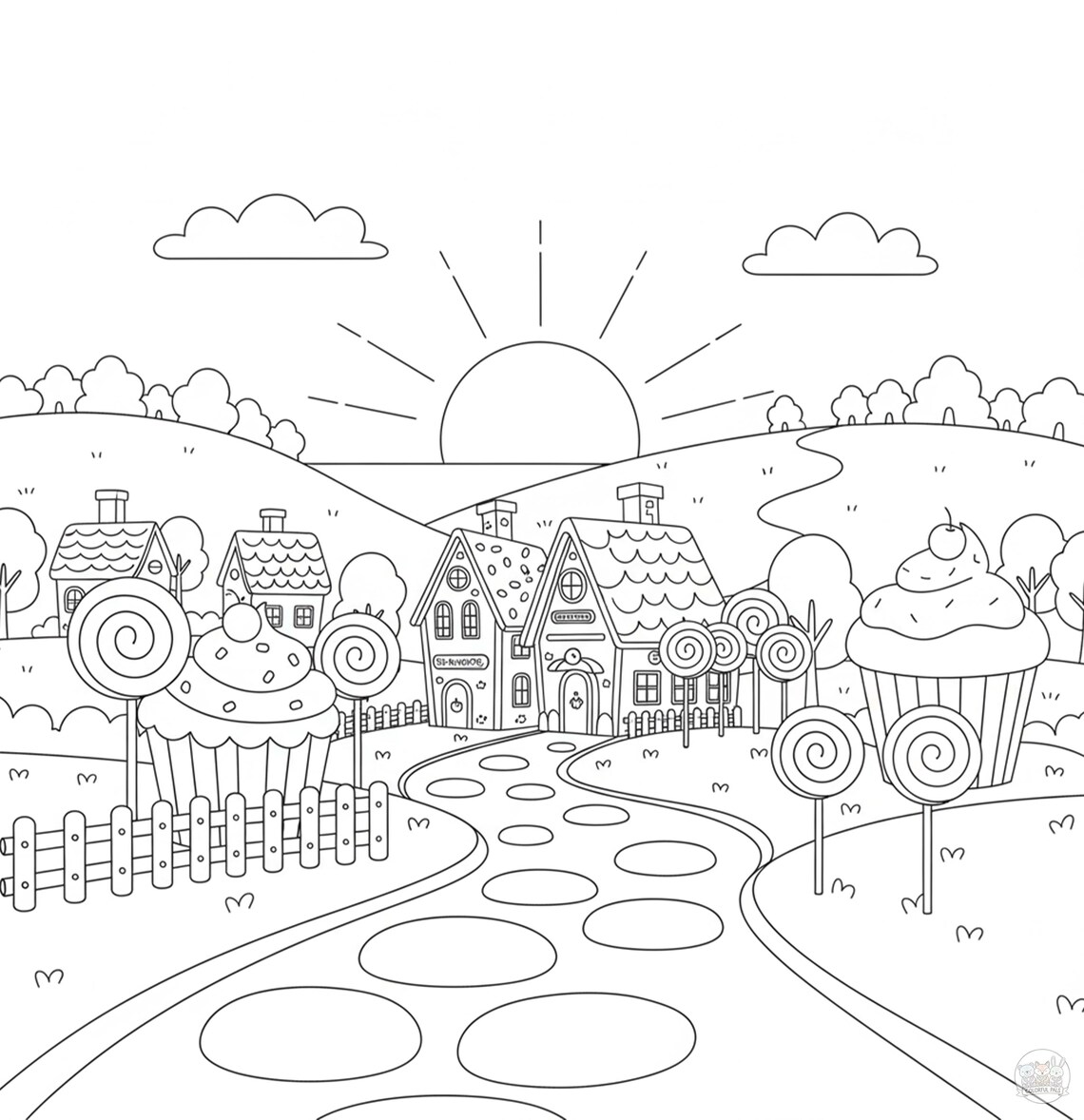 Kawaii Sweet Town Coloring Book: Dessert Village Line Art (25 Page ...