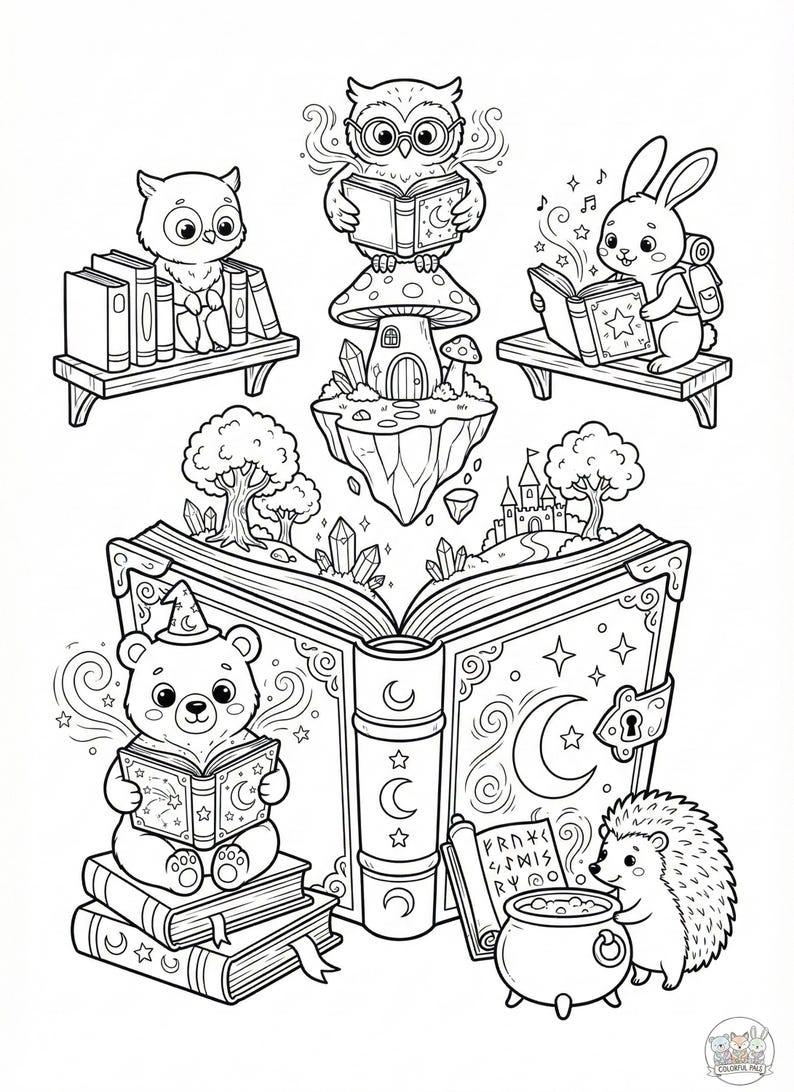 Cute Magical Worlds Coloring Book - Kawaii Fantasy Animals & Tiny Homes ...