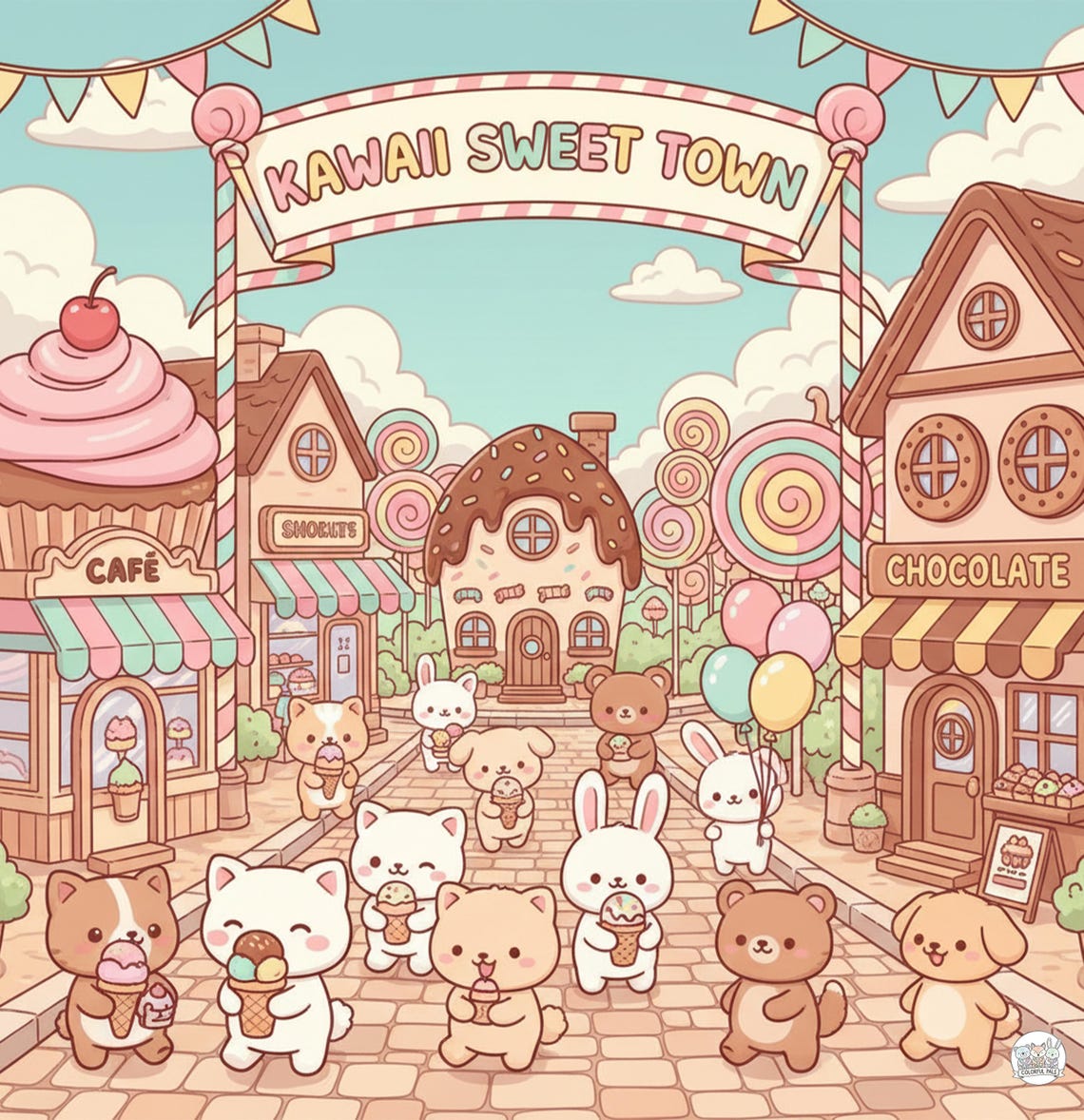 Kawaii Sweet Town Coloring Book: Dessert Village Line Art (25 Page ...