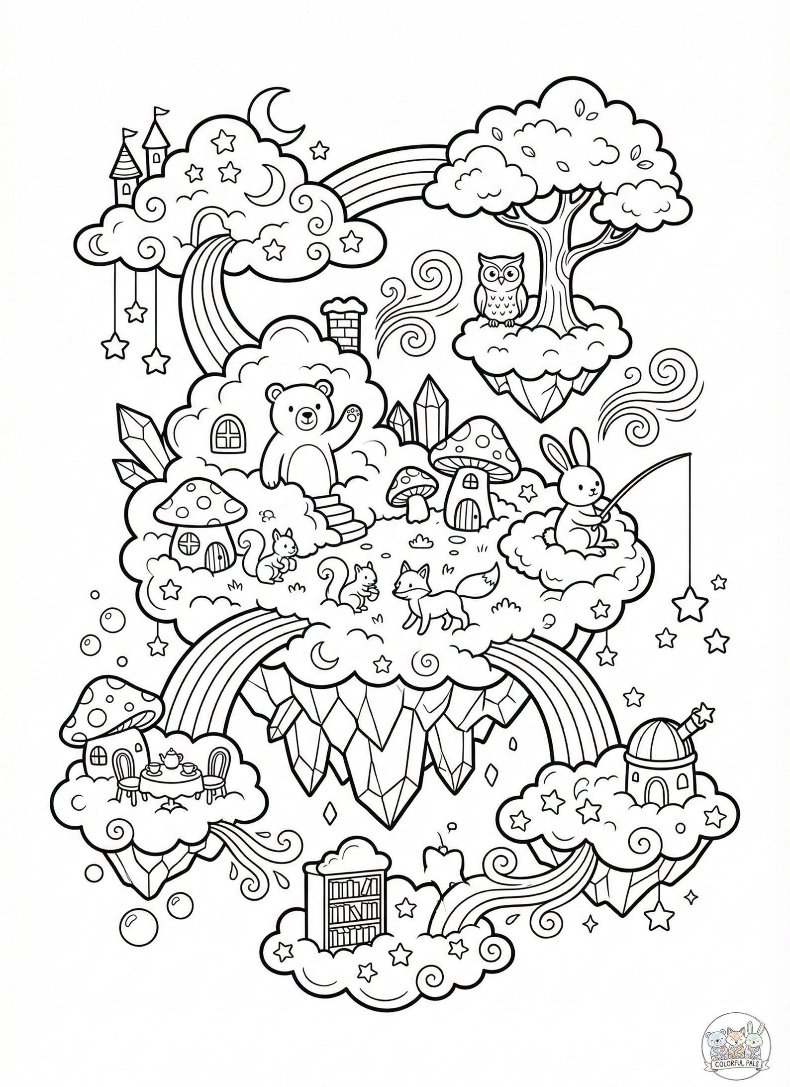 Cute Magical Worlds Coloring Book - Kawaii Fantasy Animals & Tiny Homes ...
