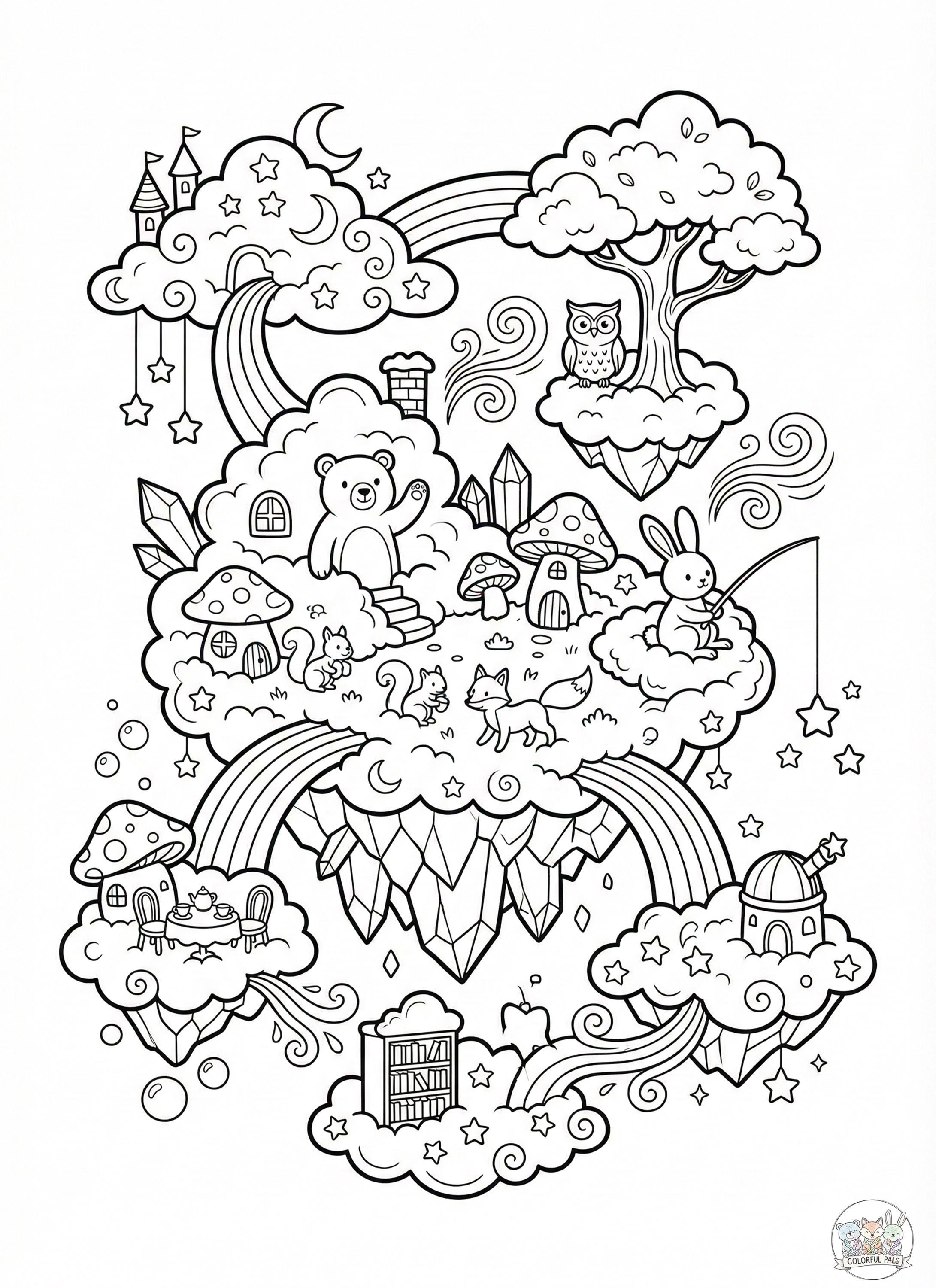Cute Magical Worlds Coloring Book - Kawaii Fantasy Animals & Tiny Homes ...