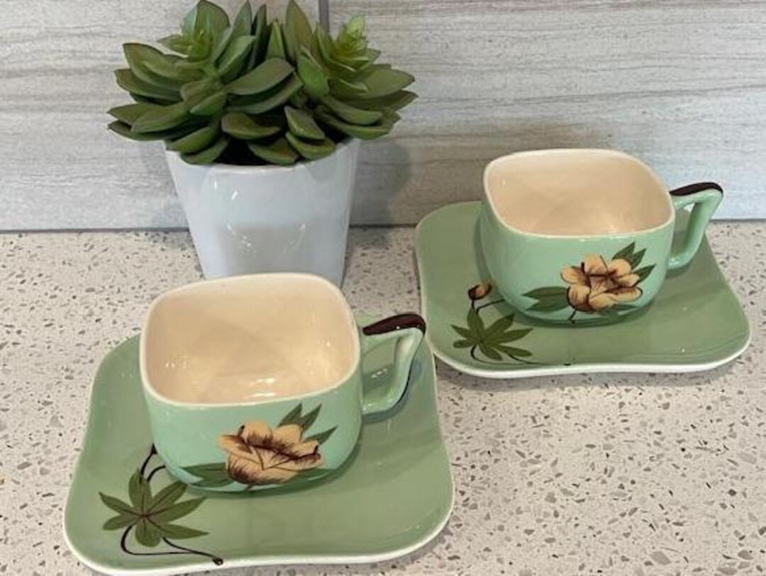 Vintage Weil Ware Made in California, Square Cups and Saucers, Celedon ...
