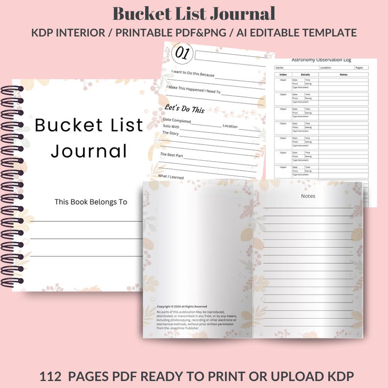 Bucket List Journal, Printable Life Goals Planner, Digital PDF ...