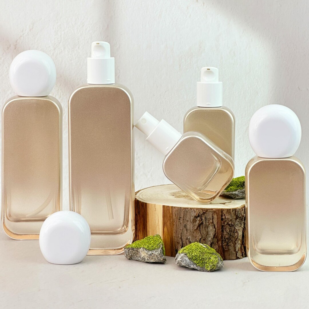Rose Gold Gradient Cosmetic Containers, Glass Lotion Bottles & Spray ...