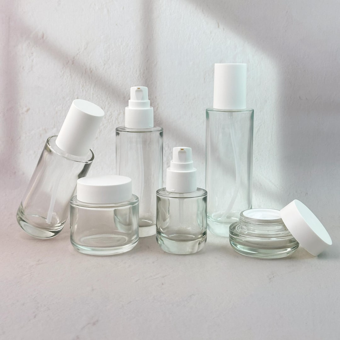 Clear Glass Lotion Pump Bottle & Cream Jar With White Cap, Empty ...